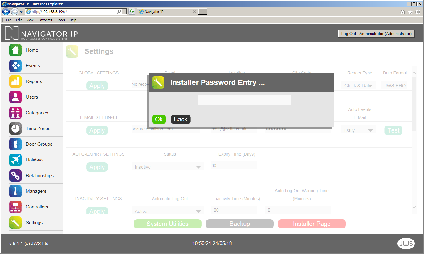 Navigator IP Software - Settings Access Control & Automatic Door Equipment